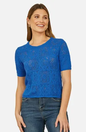 YUMI Cotton Crochet Knitted Top - Blue