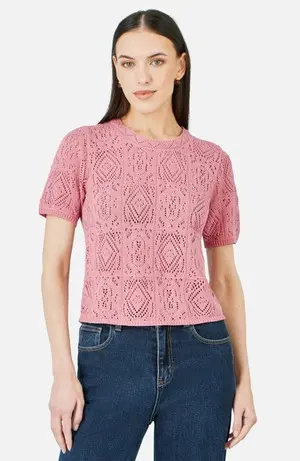 YUMI 100% Cotton Crochet Knit Top - Pink
