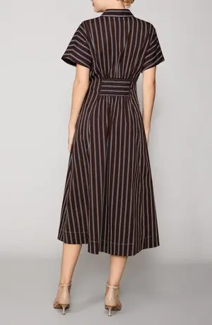 MELLODAY Contrast Stitch Midi Shirtdress - Brown Stripe