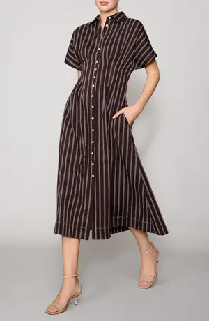MELLODAY Contrast Stitch Midi Shirtdress - Brown Stripe