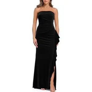 XSCAPE EVENINGS Strapless Velvet Gown With Ruffles And Slit - Black