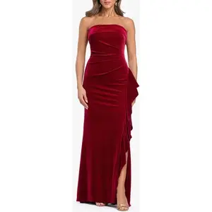XSCAPE EVENINGS Xscape Evenings Strapless Velvet Gown With Ruffles And Slit Garnet