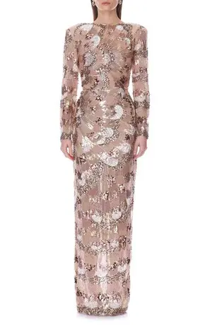 BRONX BANCO Sequin & Beaded Long Sleeve Gown - Metallic