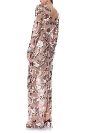 BRONX BANCO Sequin & Beaded Long Sleeve Gown