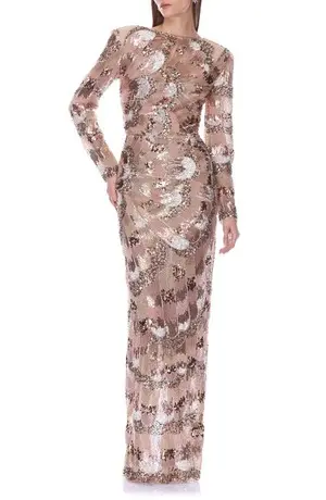BRONX BANCO Sequin & Beaded Long Sleeve Gown