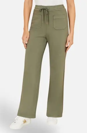 YUMI Relaxed Stretch Wide Leg Trousers - Khaki