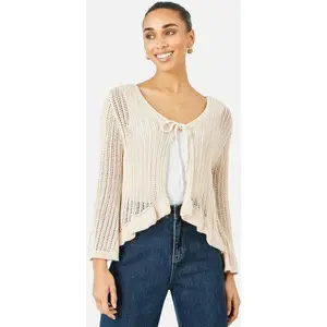 YUMI Tie Front Pointelle Cardigan - Beige