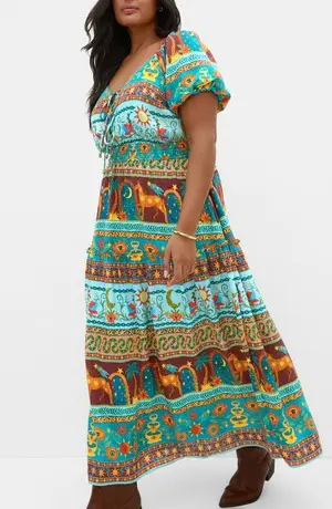 City Chic Amaria Print Smocked Waist Maxi Dress