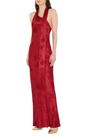 Amanda Uprichard Sonya Scarf Fringe Sleeveless Gown