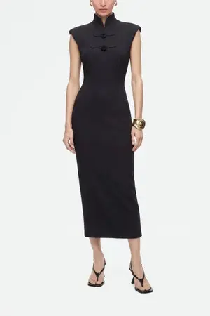 NOCTURNE Sleeveless Padded Shoulder Button Detail Maxi Dress - Black