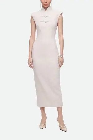 NOCTURNE Sleeveless Padded Shoulder Button Detail Maxi Dress - Ivory