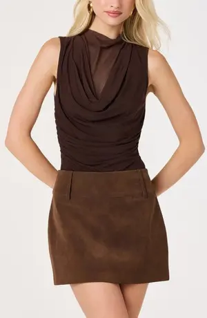 Astr The Label Shaina Cowl Neck Mesh Inset Top - Brown