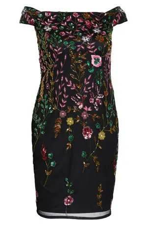 Adrianna Papell Embellished Off The Shoulder Sheath Dress