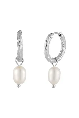 ATOLEA Hammered Pearl Hoop Earrings - Silver