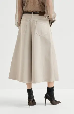 Brunello Cucinelli Dyed Denim Wide Cropped Trousers With Monili