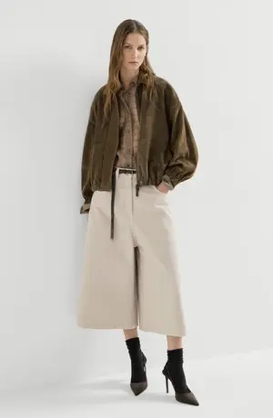Brunello Cucinelli Dyed Denim Wide Cropped Trousers With Monili