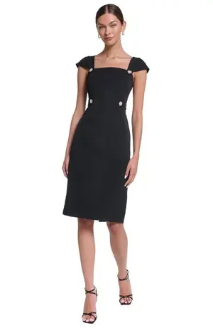 Halston Cap Sleeve Square Neck Midi Dress - Black
