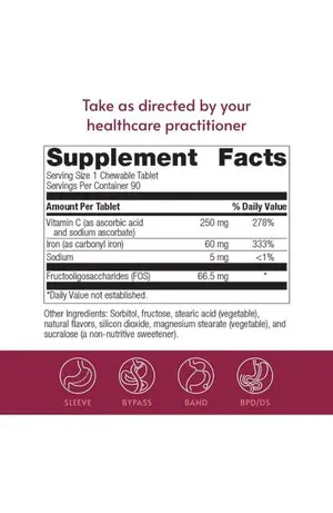 BARIATRIC ADVANTAGE Chewable Iron 60 Mg With Vitamin C Supplement Lemon Lime 90 Count
