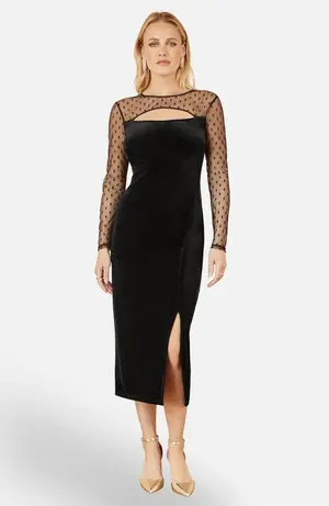 YUMI Velvet Slash Neck Midi Dress With Sheer Sleeves - Black