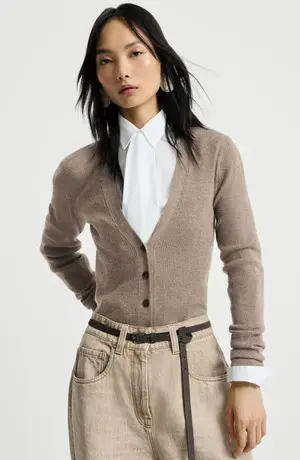 Brunello Cucinelli Sparkling Cashmere Lightweight Ribbed Cardigan