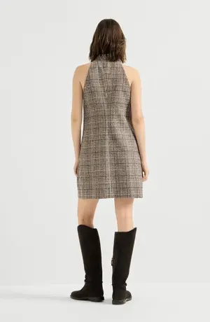 Brunello Cucinelli Checked Alpaca And Wool Dress With Monili - Brown