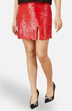 YUMI Sequin Mid Waist Mini Skirt - Red