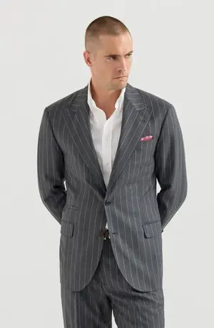 Brunello Cucinelli Super 150s Virgin Wool Wide Chalk Stripe Batavia Tailor Blazer With Peak Lapels - Grey
