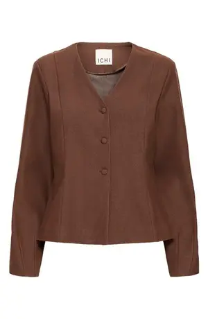 ICHI Ihkate Collarless Denim Jacket - Chicory Coffee