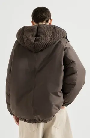 Brunello Cucinelli Techno Cotton Taffeta Puffer Jacket With Detachable Knit Hood - Brown