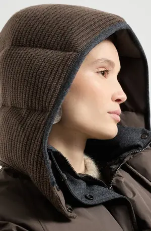 Brunello Cucinelli Techno Cotton Taffeta Puffer Jacket With Detachable Knit Hood - Brown