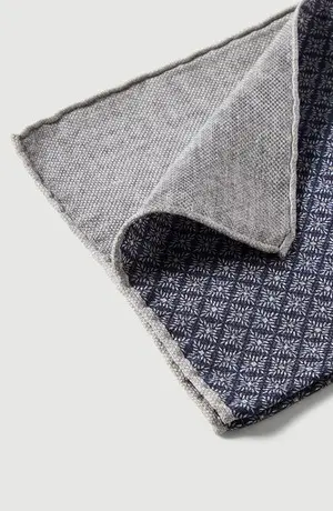 Brunello Cucinelli Linen And Silk Pocket Square With Geometric Pattern - Navy Blue