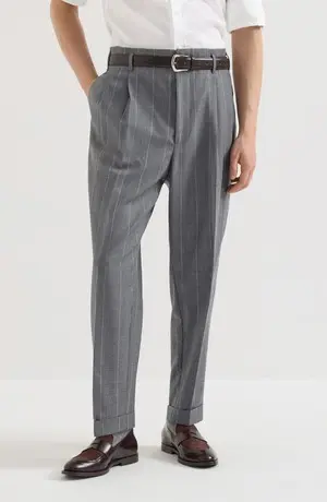 Brunello Cucinelli Virgin Wool Chalk Stripe Trousers With Double Pleats - Medium Grey