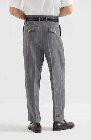 Brunello Cucinelli Virgin Wool Chalk Stripe Trousers With Double Pleats - Medium Grey