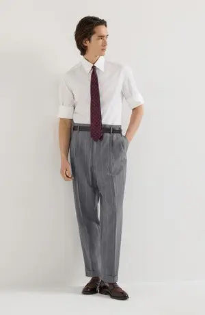 Brunello Cucinelli Virgin Wool Chalk Stripe Trousers With Double Pleats - Medium Grey