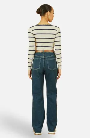 YUMI Metallic Stripe Knitted Ribbed V-neck Top