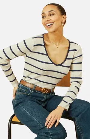 YUMI Metallic Stripe Knitted Ribbed V-neck Top