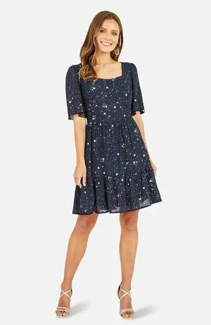 YUMI Star Print Skater Dress - Navy
