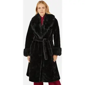 YUMI Oversize Collar Wrap Faux Fur Coat - Black
