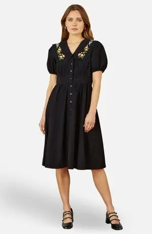 YUMI Embroidered Collar Cord Tea Dress
