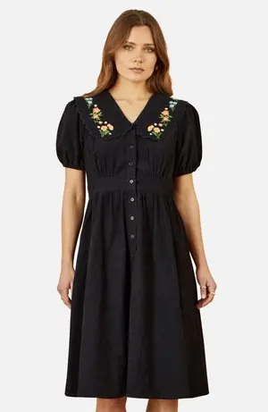 YUMI Embroidered Collar Cord Tea Dress