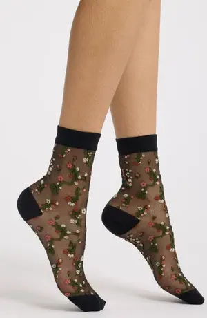 STEMS Madeline Floral Crew Socks - Black