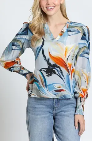 APNY Split Neck Top With Smocked Cuffs - Sky/amber