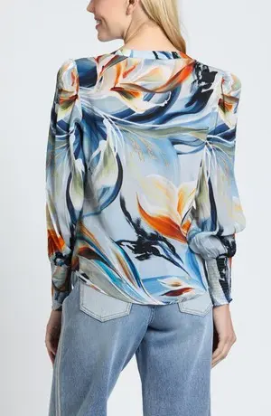 APNY Split Neck Top With Smocked Cuffs - Sky/amber