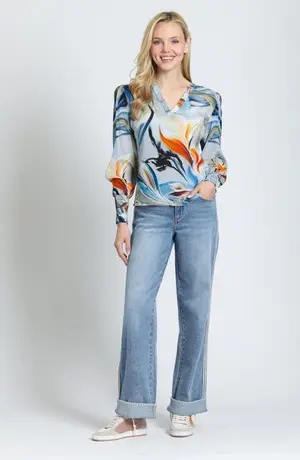 APNY Split Neck Top With Smocked Cuffs - Sky/amber