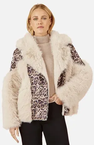 YUMI Faux Fur Biker Leopard Print Jacket