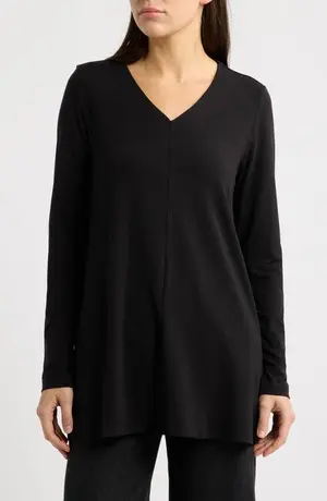 Eileen Fisher Long Sleeve V-neck Tunic Top - Black