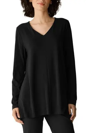 Eileen Fisher Long Sleeve V-neck Tunic Top - Black