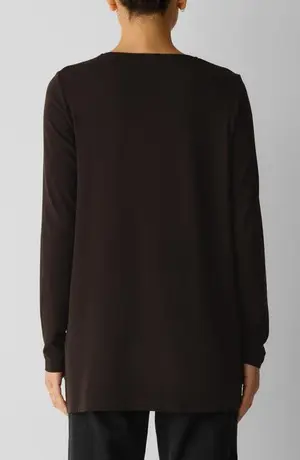 Eileen Fisher Long Sleeve V-neck Tunic Top - Coffee