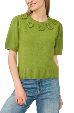 CECE DUPRAZ CeCe Rosette Short Sleeve Sweater Kelp Forest