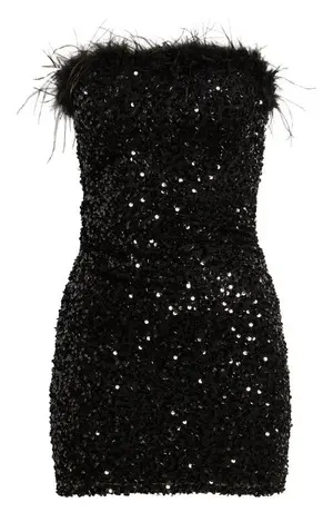 EMERALD SUNDAE Sequined Feather Trim Strapless Minidress